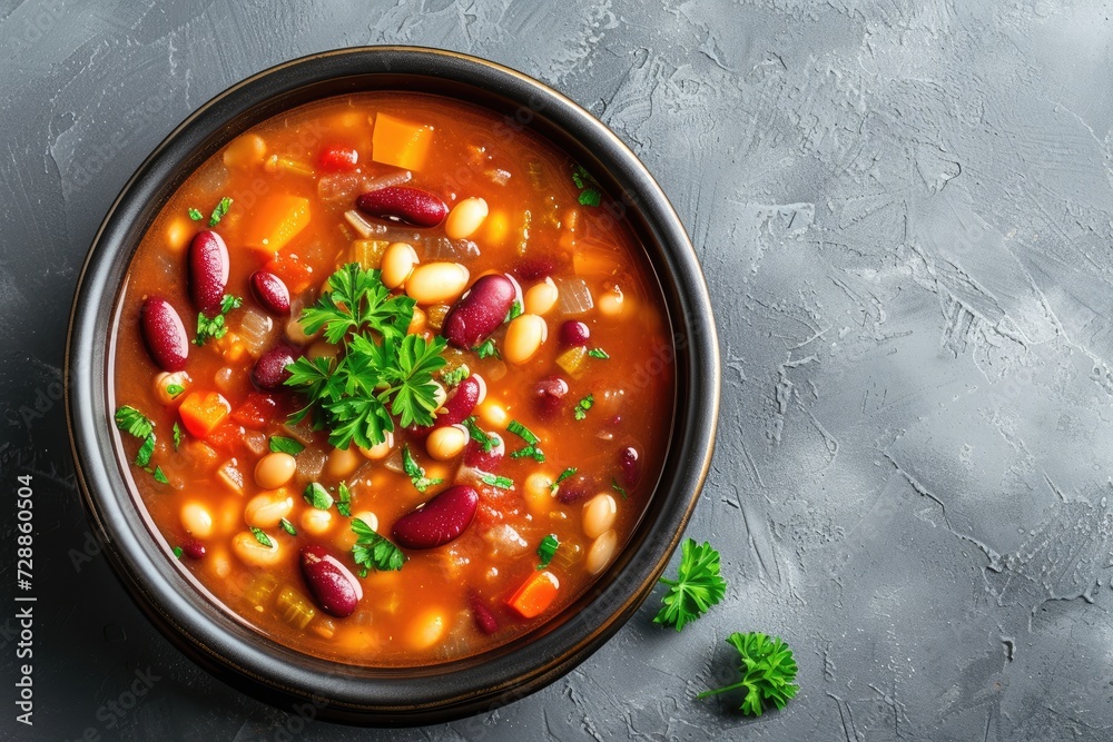 Bean soup served in a black bowl captured in a close up with a top view ...