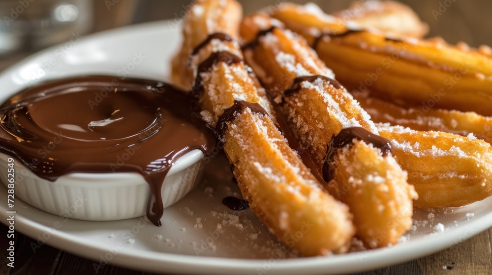 Churros classic Spanish dessert drizzled with chocolate sauce Stock ...