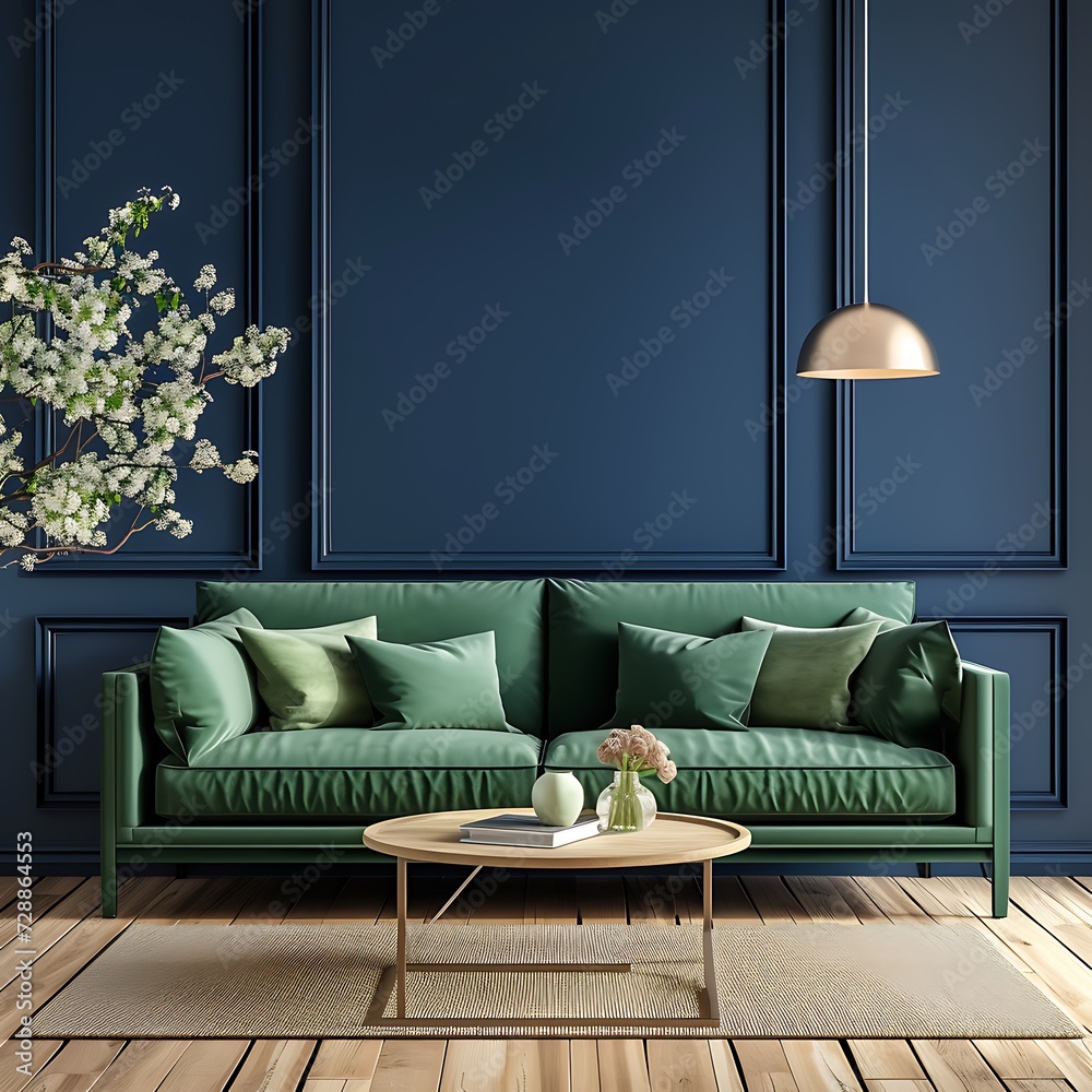 Navy blue living room elegance highlighted by a statement teal sofa and ...