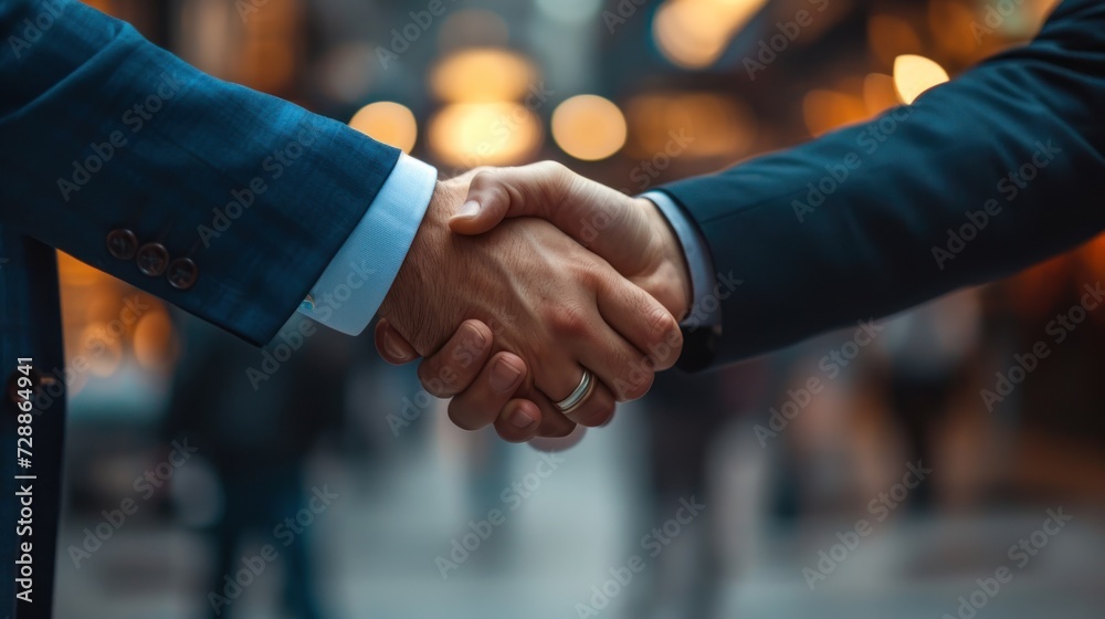 a close up of two people shaking hands in front of a blurry background ...