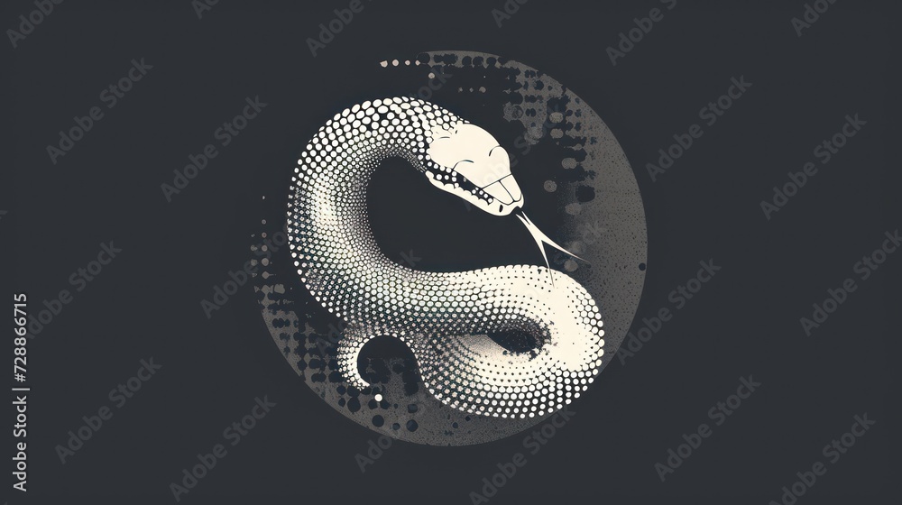 a black and white image of a snake in a circular frame with dots on it ...