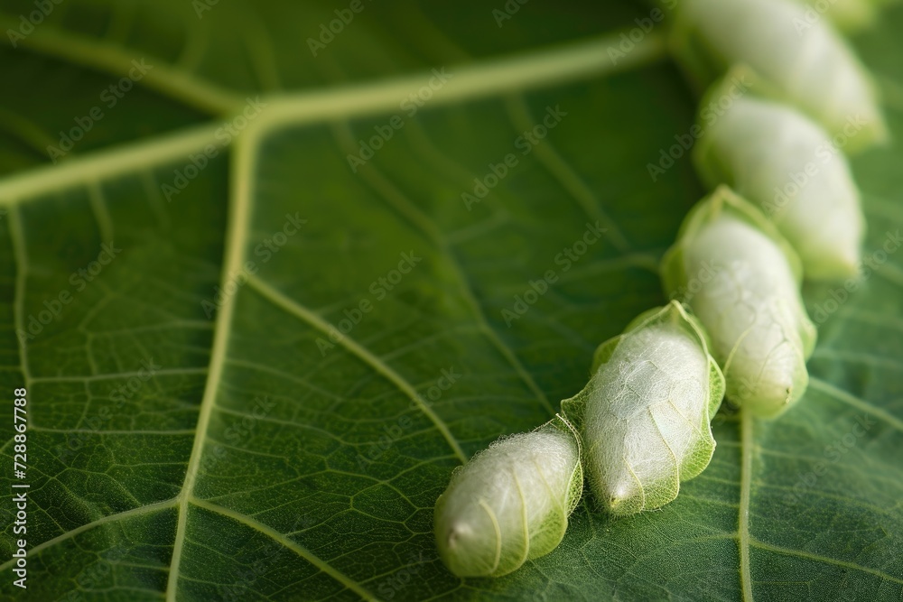 Isolated white silk cocoons with silk worms on green mulberry leaf ...