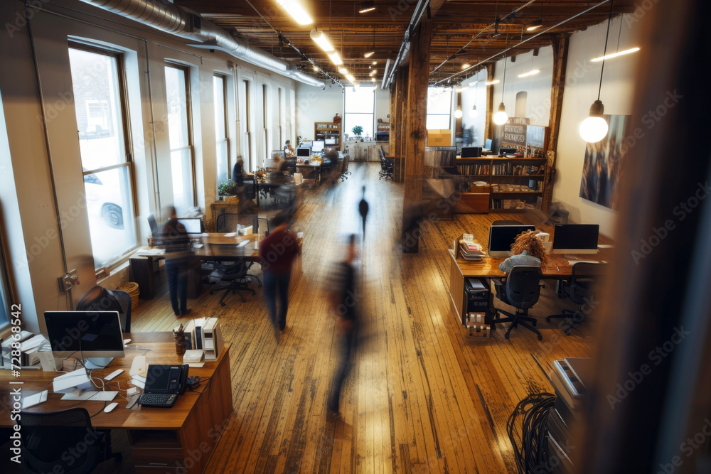 A modern office environment with motion blur movement and activity ...