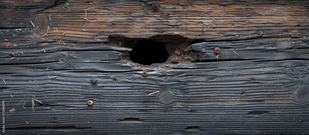 Deteriorated wooden boards with nails, exposing a hole to the decayed ...