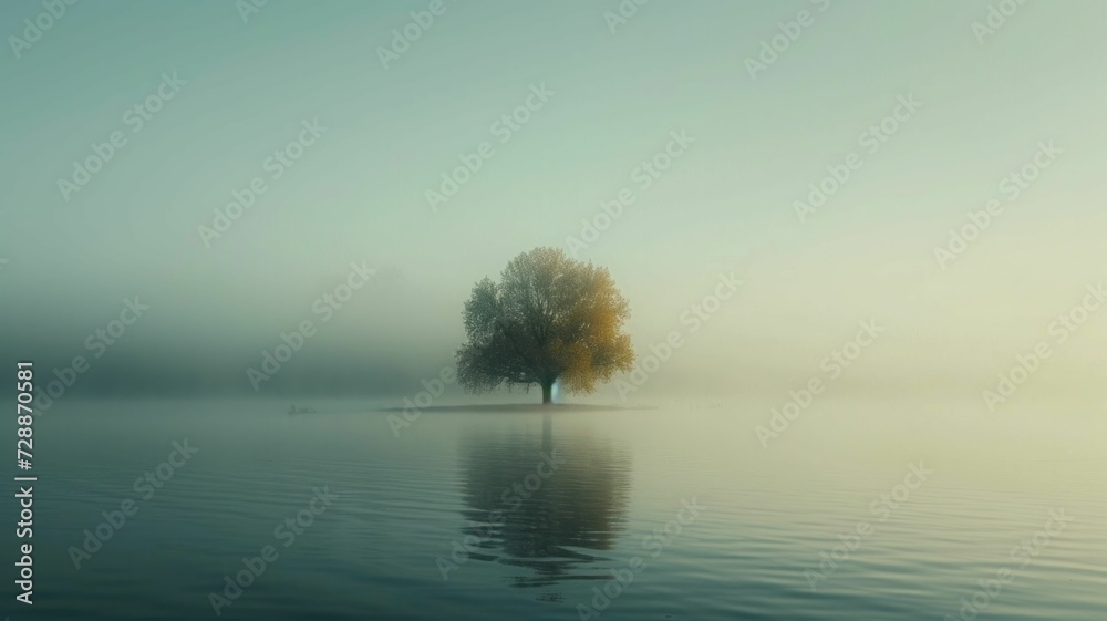 muted colors of an autumn morning are shrouded in fog, obscuring all ...
