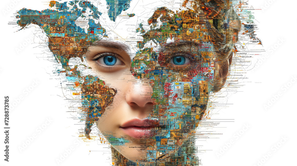 world map cartographic abstract double exposure with a woman's face on ...