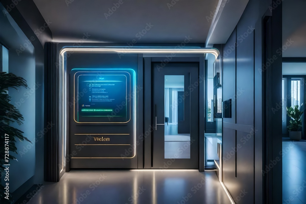 The futuristic entryway of a connected home with a holographic welcome ...