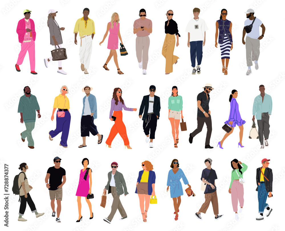 Bundle of Various people walking front, side view. Modern men and women ...