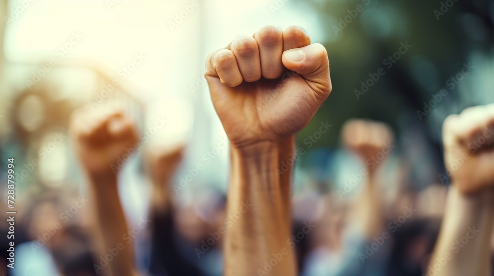 Male fists raised in the air symbolize a powerful expression of ...