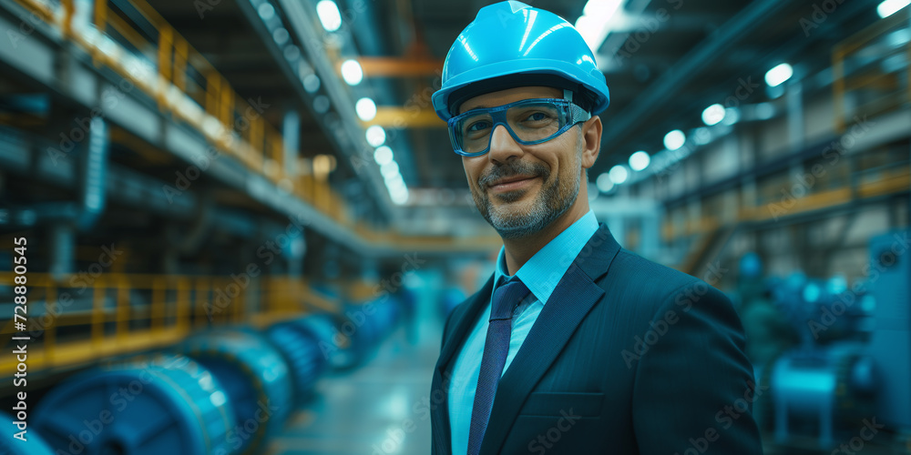Confident engineer with hard hat smiling in an industrial factory ...