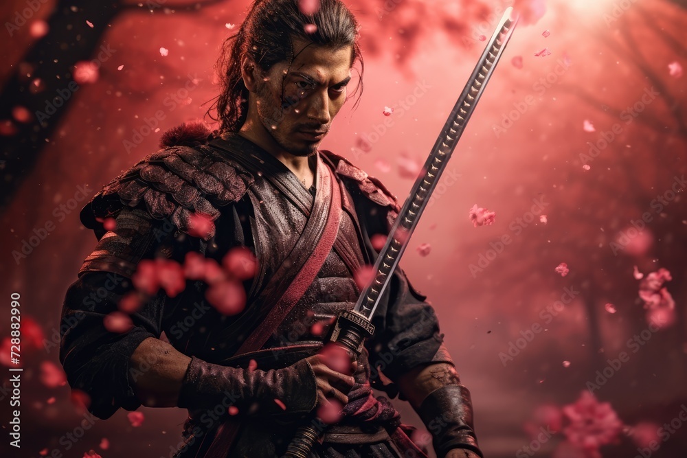Warrior's Legacy: A Traditional Samurai Stands Tall in Armor, Focused ...