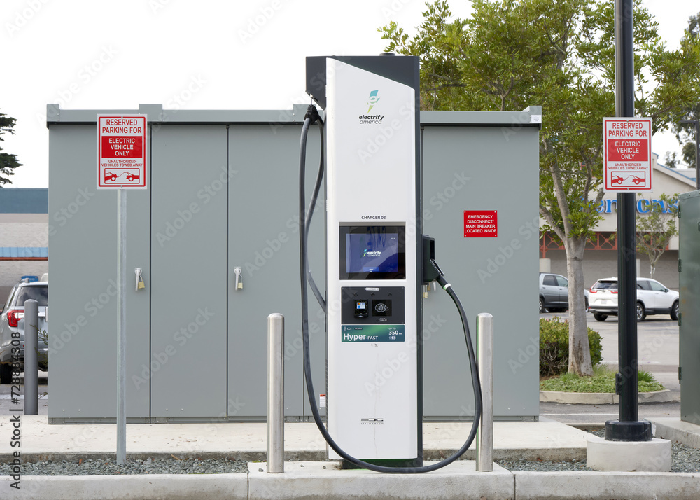 Morro Bay, CA - Feb 3, 2024: Electrify America EV charging stations. An ...