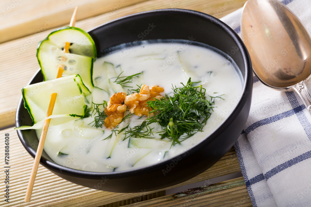 National Macedonian dish Tarator - cold soup from yoghurt and cucumbers ...