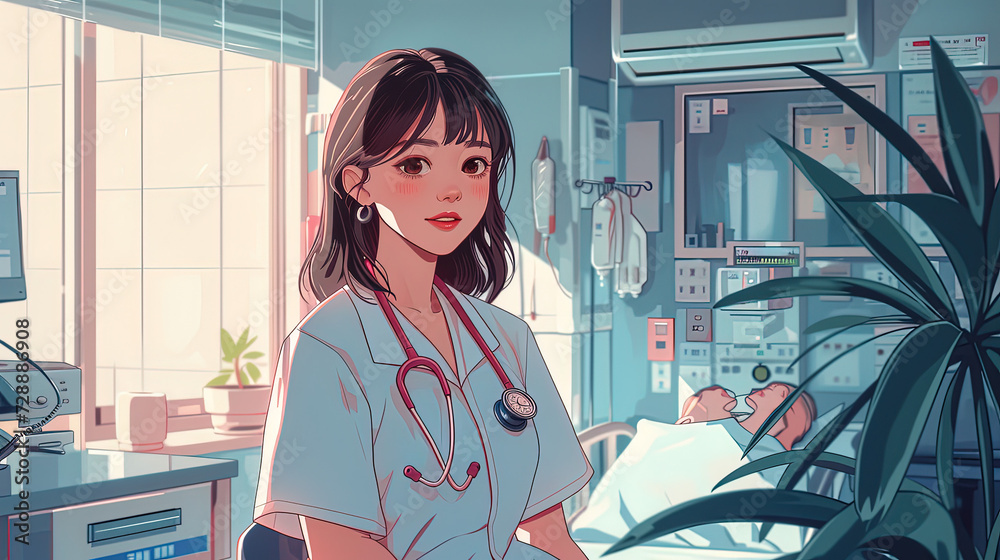 cute nurse in a cozy hospital room, anime manga artstyle, world health ...
