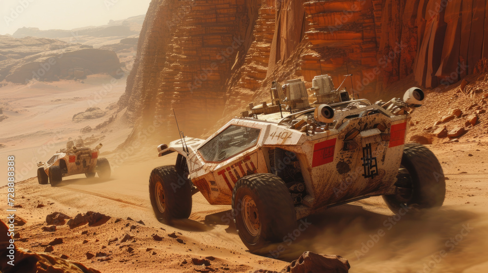 Space rovers drive on desert near rocks, vintage futuristic vehicles ...