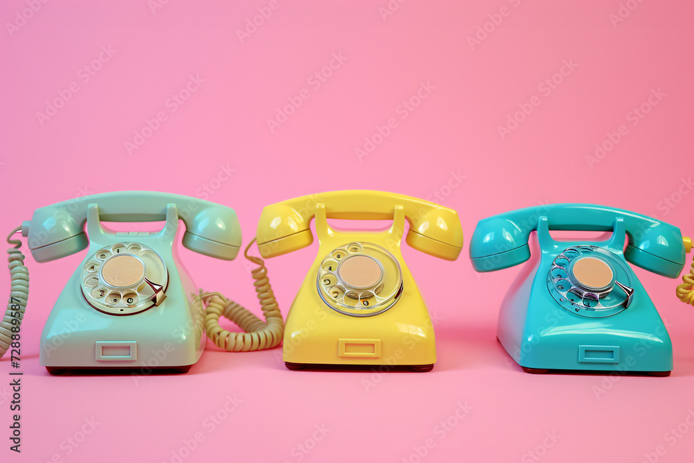 retro landline phones of different colors on a pink background Stock ...