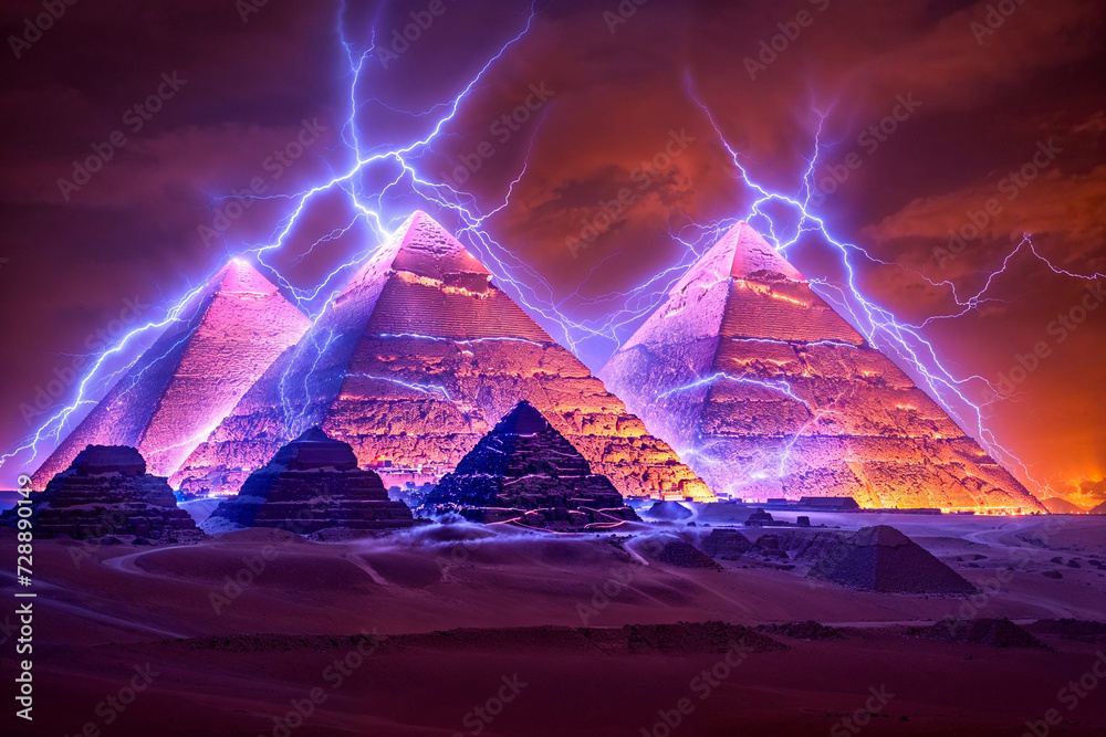 Ancient Egyptian pyramids as power generator, night, purple, artist ...