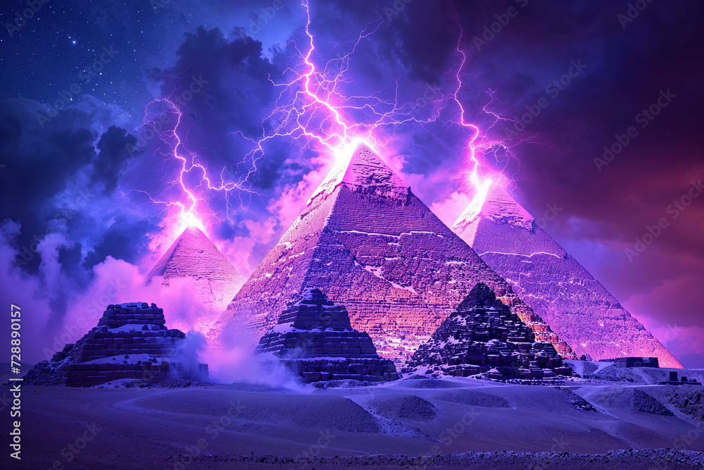 Ancient Egyptian pyramids as power generator, night, purple, artist ...