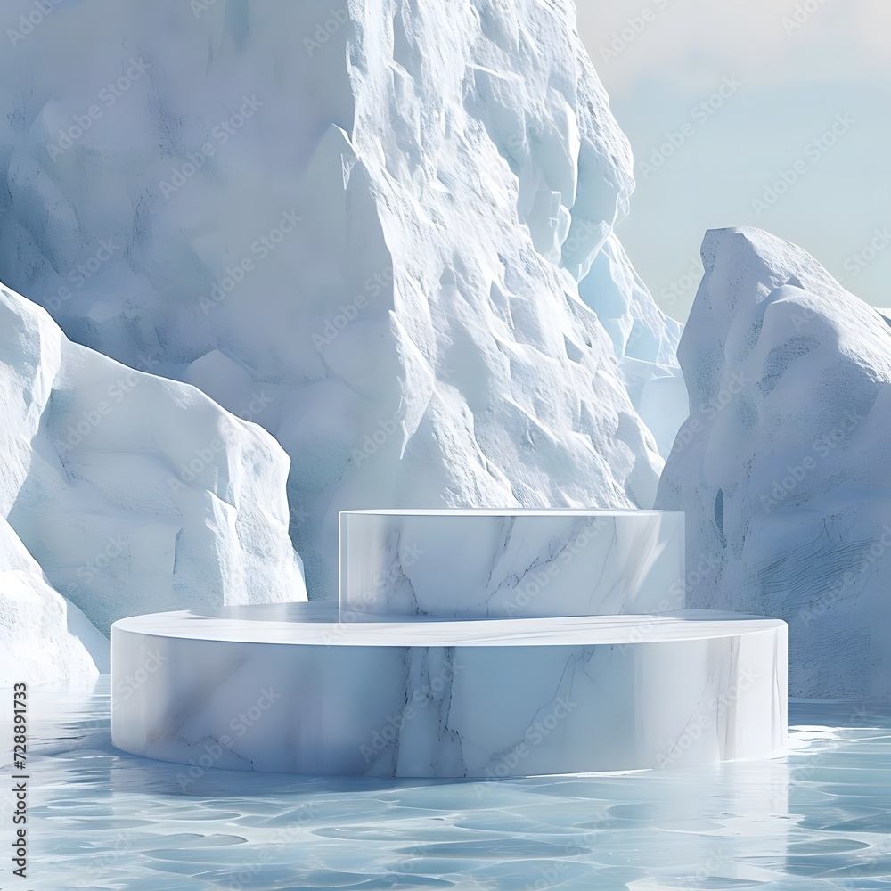 3D rendered icy podium on a frozen mountain iceberg background, ideal ...