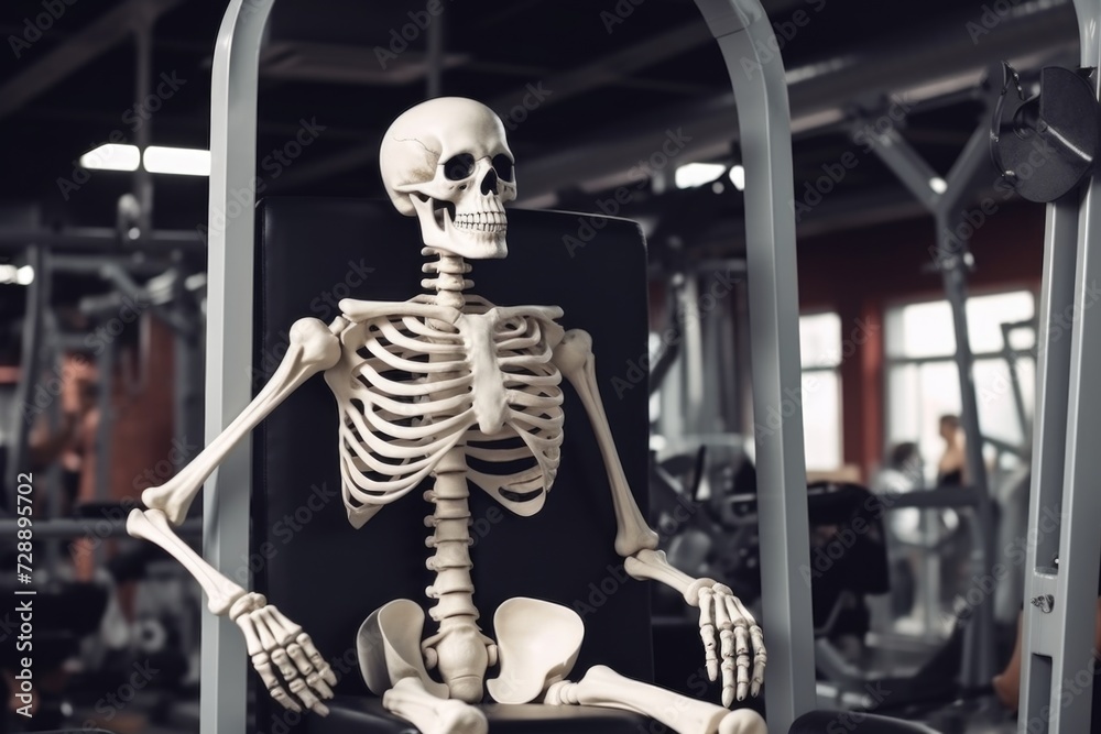 funny muscle skeleton gym with copy space, human skeleton lifting ...