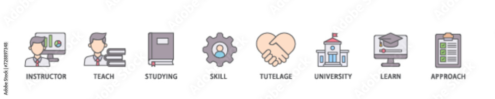 Tutoring icon set flow process illustrationwhich consists of approach ...
