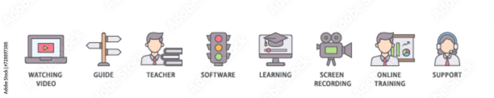 Video tutorial icon set flow process illustrationwhich consists of ...
