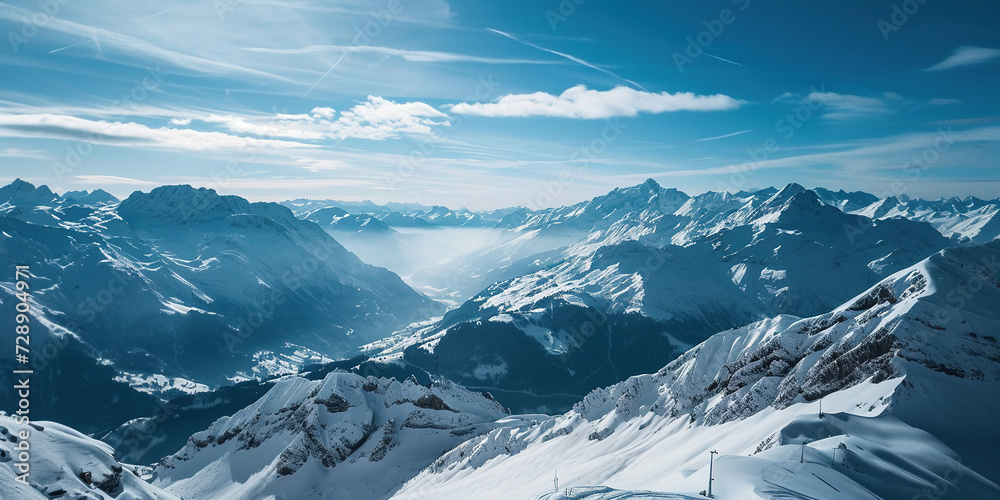 Swiss Alps mountain range with lush forest valleys and meadows ...