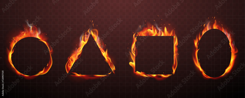 Blank geometric frames with realistic fire at the back. Collection of ...