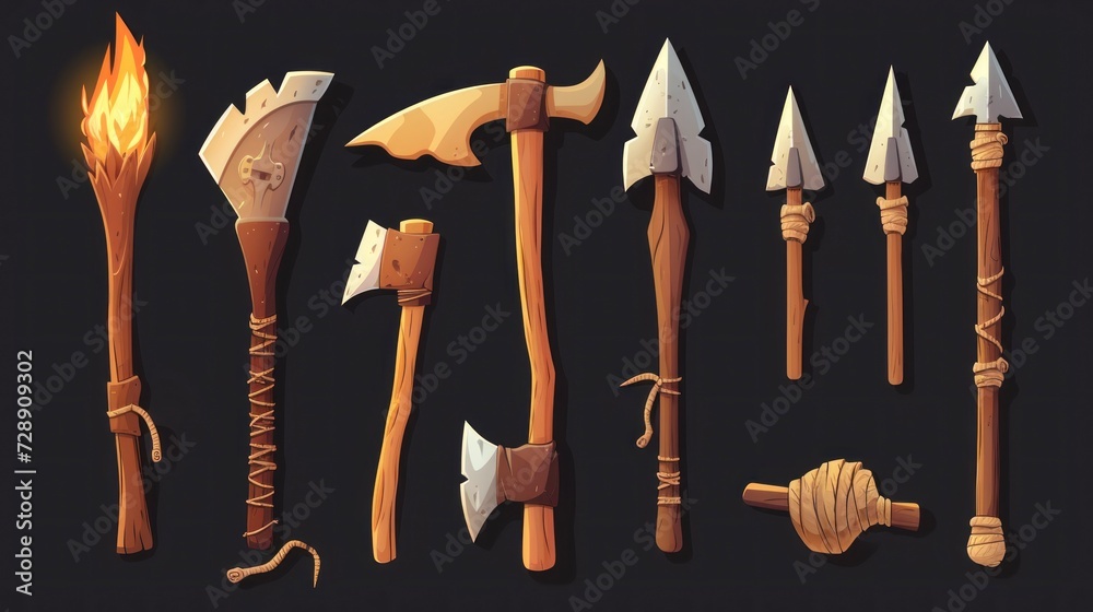 handmade illustration of a group of caveman weapons. concept history of ...