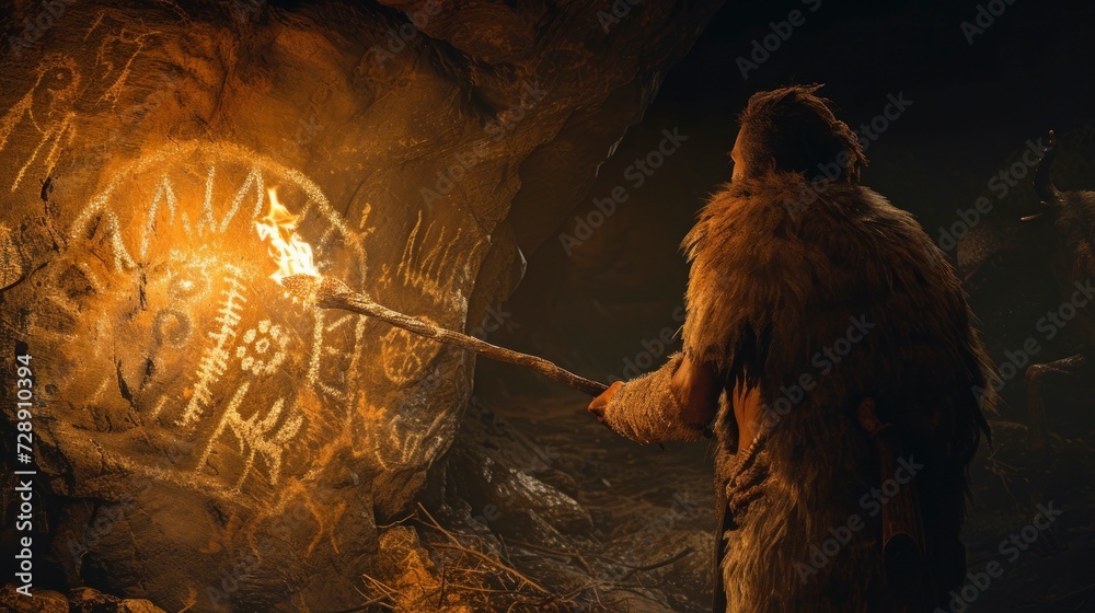 Caveman with a torch inside a cave observing cave painting handmade by ...