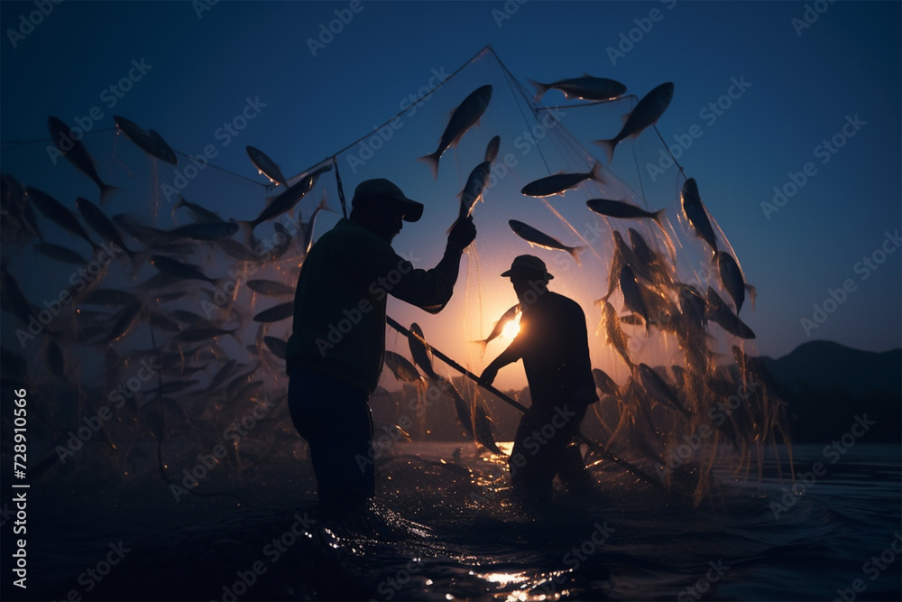Fishermen on a boat catch fish with a large fishing net. Silhouette ...
