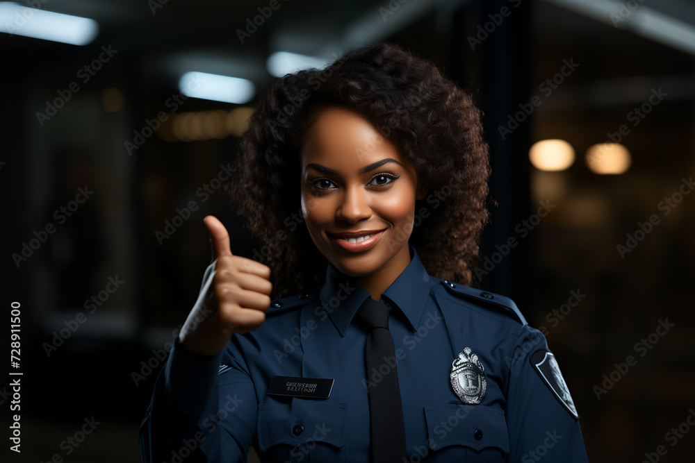 Smiling female police officer in uniform giving a thumbs-up sign ...