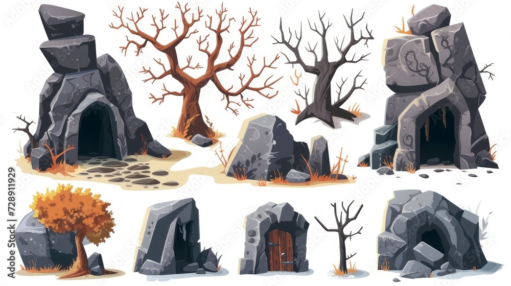 illustration of a group of caves and stones, trees used with cavemen on ...