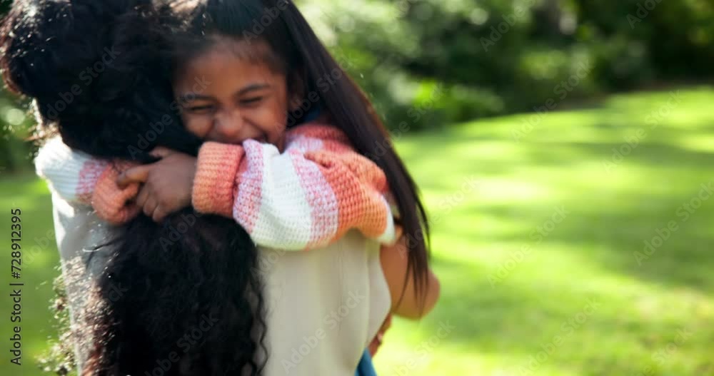 Mother, child and running hug or outdoor connection or love reunion for ...
