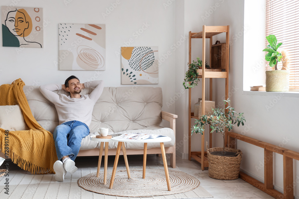Handsome man resting on white sofa in modern living room Stock Photo ...
