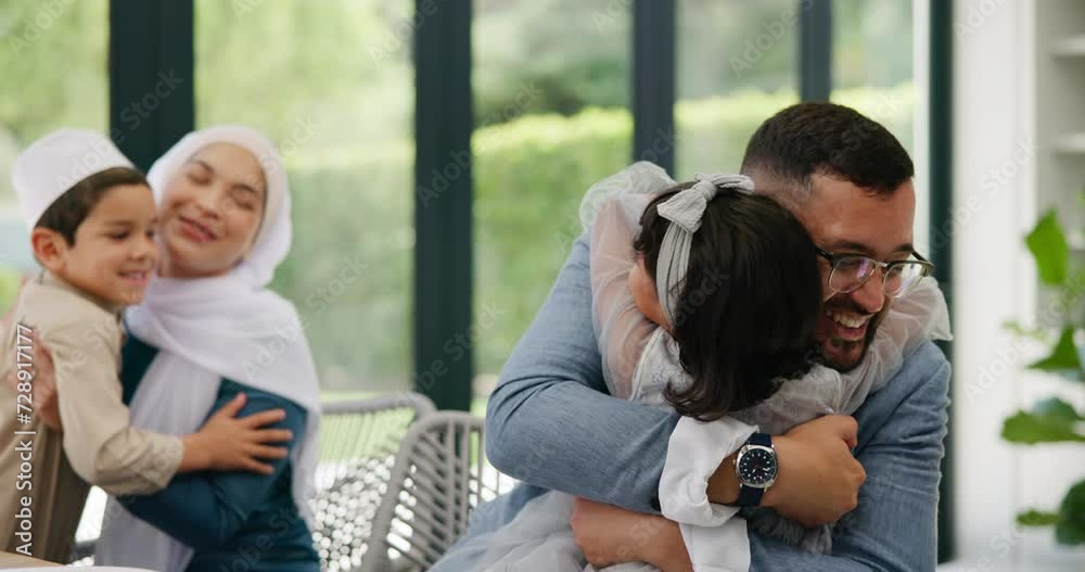 Muslim, running or father and daughter hug in a house for a hello ...