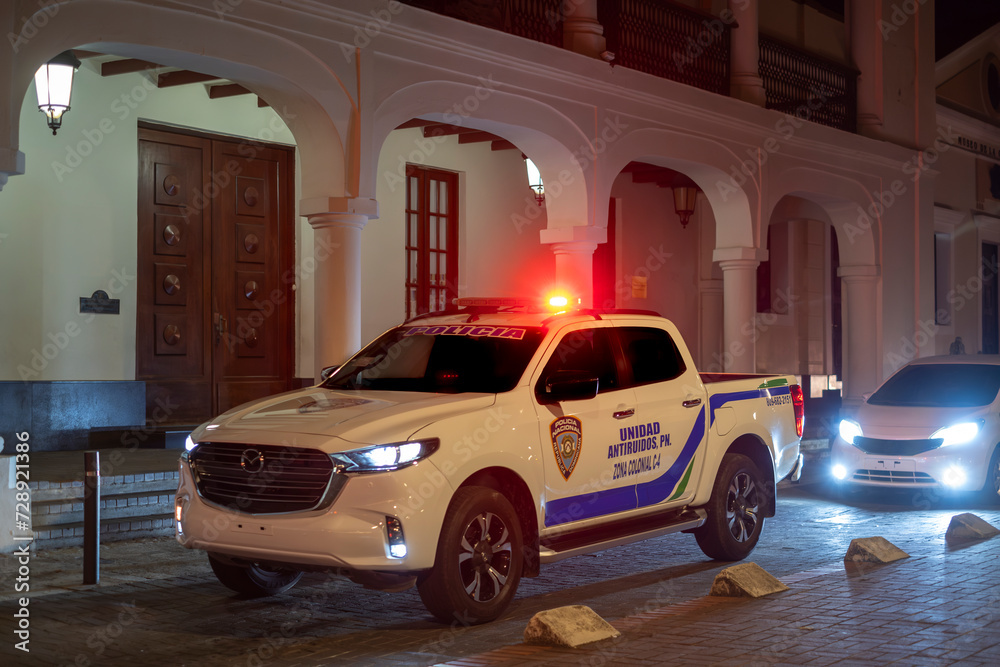 Police SUV truck with sign National Police and siren lights on drive ...