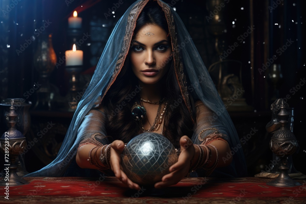 Charming gypsy female fortune teller guessing future at the table with ...