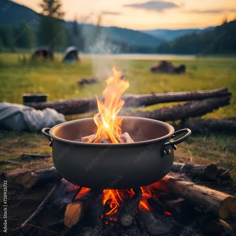 cooking, boiling a pot on a campfire. camping atmosphere in the field ...