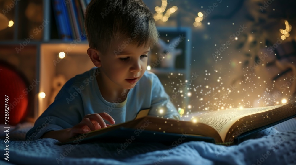 a cute young boy kids open and read nights stories, fairy tale story ...