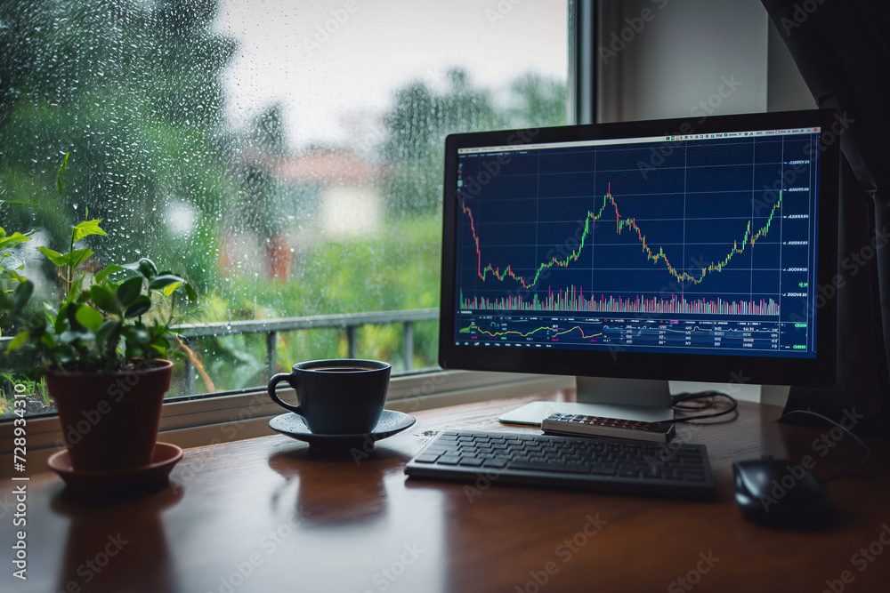 Stock chart on a monitor with rainy day outside, monitoring stock ...
