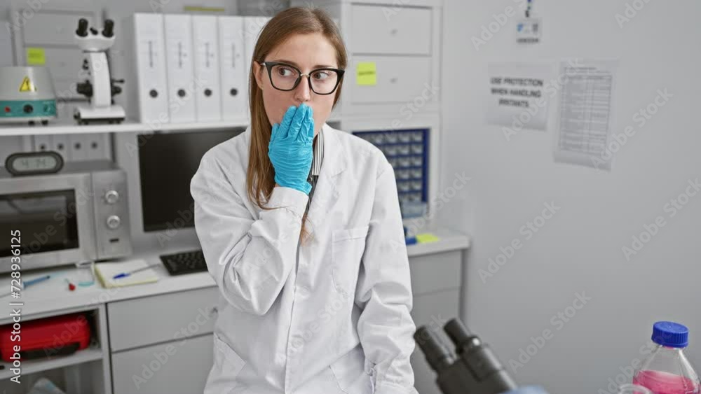 Shocked female scientist hand-covering mouth in surprised fear ...