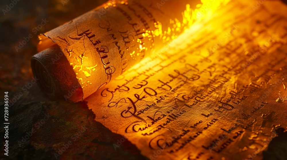 On an ancient parchment, intricate calligraphy reveals mysterious ...