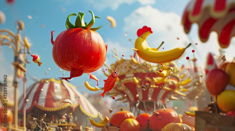 Cartoon scene In a grand finale a giant tomato shoots out of a cannon ...