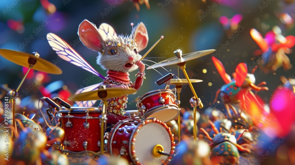 Cartoon scene Tiny fairies flutter around the tiniest drum kit ever ...