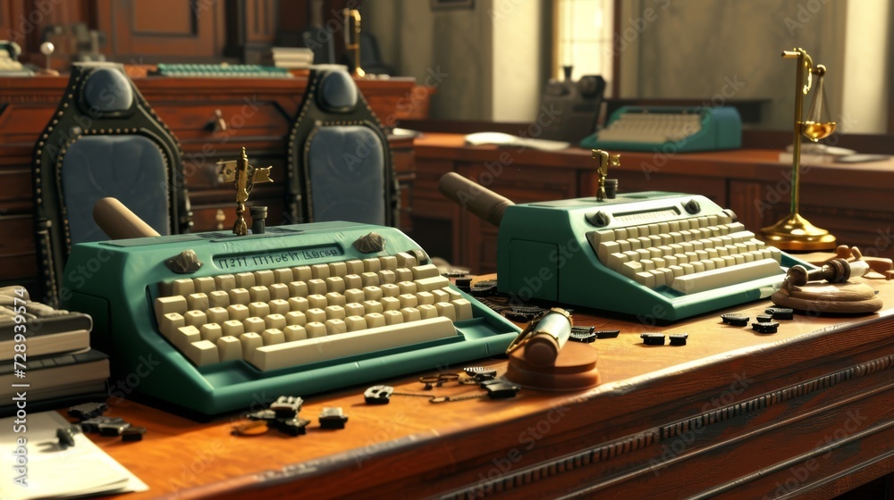 A courtroom scene with a judge keyboard presiding over a typing ...