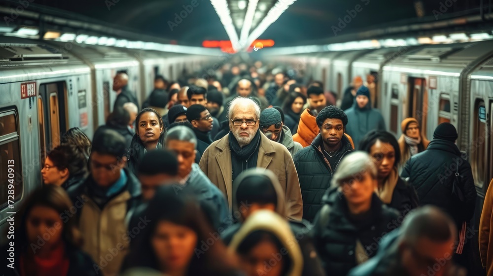 Foto de A big crowd of people in the subway metro in rush hour on their ...