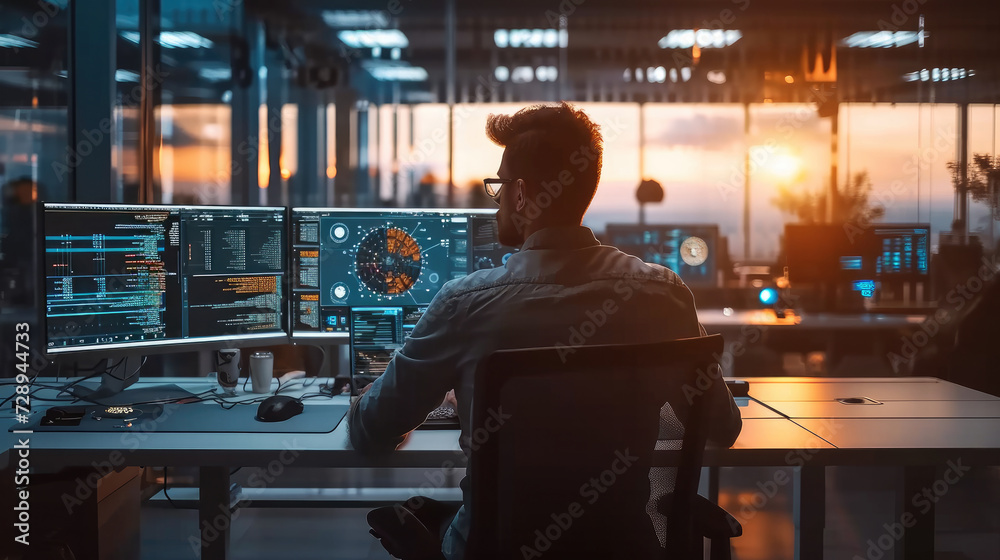 Programming and engineering on his computer and typing on the keyboard ...