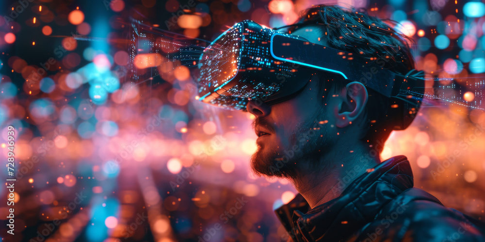 Futuristic VR Experience in Neon Lights. A man immersed in a virtual ...
