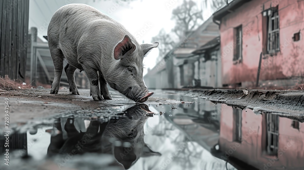 Cinematic photo captures a pig gazing into a puddle, its reflection ...